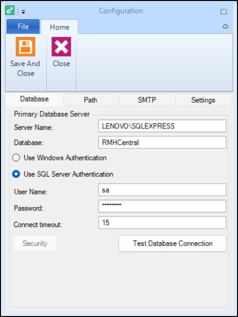 Configure the connection to SQL Server and the Central database – RMH ...