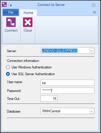 Connect to SQL Server and the Central database and force install tables ...